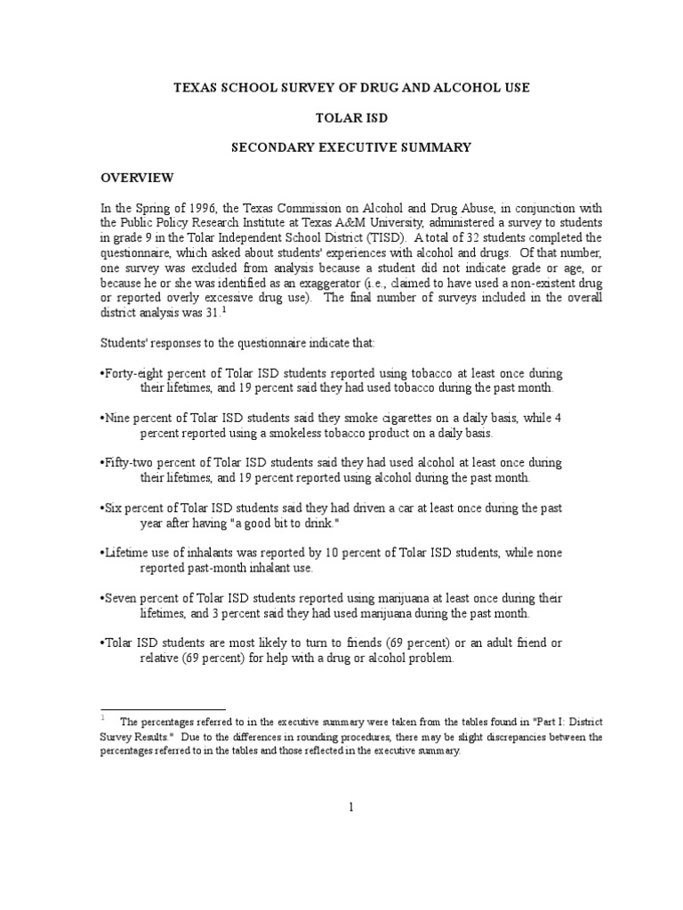HOOD COUNTY - Tolar ISD - 1996 Texas School Survey of Drug and Alcohol ...