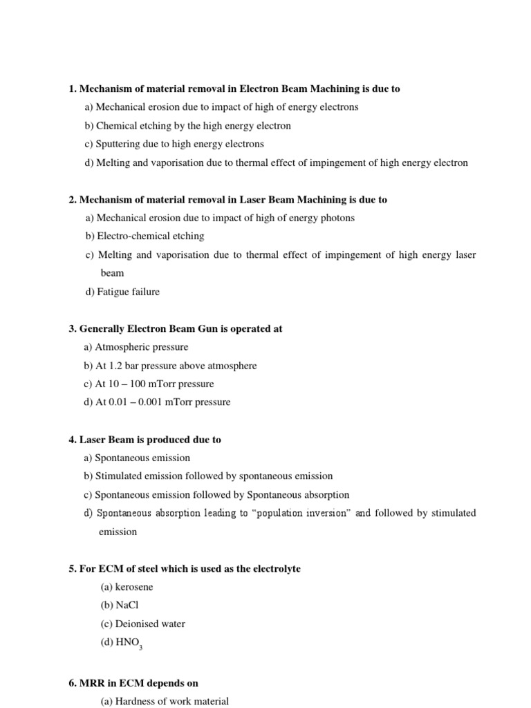 Uncinventional Machining Process Interview Questions | PDF | Electron ...