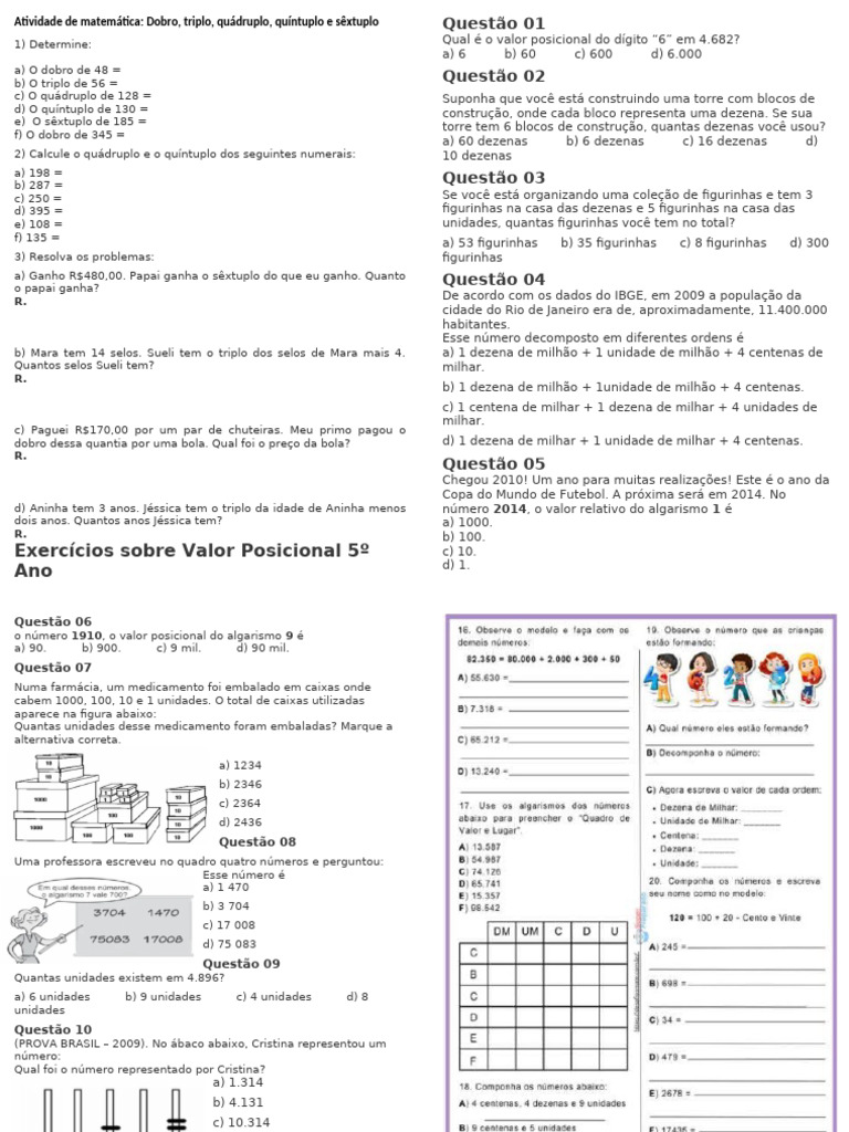 Atividade de Matemática Dobro, Triplo, Quádruplo, Quíntuplo e Sêxtuplo ...