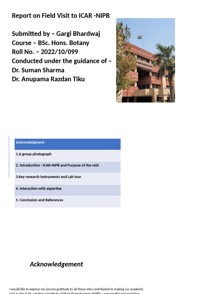 Field Visit Report ICAR NIPB New Delhi | PDF | Biotechnology ...