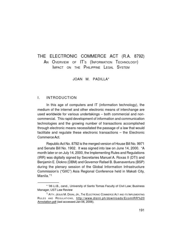 The Electronic Commerce Act RA 8792 | PDF | Signature | Authentication