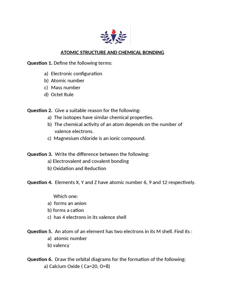 Worksheet Atomic Structure and Chemical Bonding 1 1754292928 | PDF