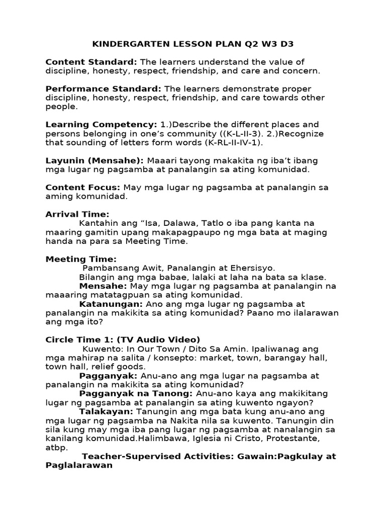 Kindergarten Lesson Plan q2 w3 d3 | PDF