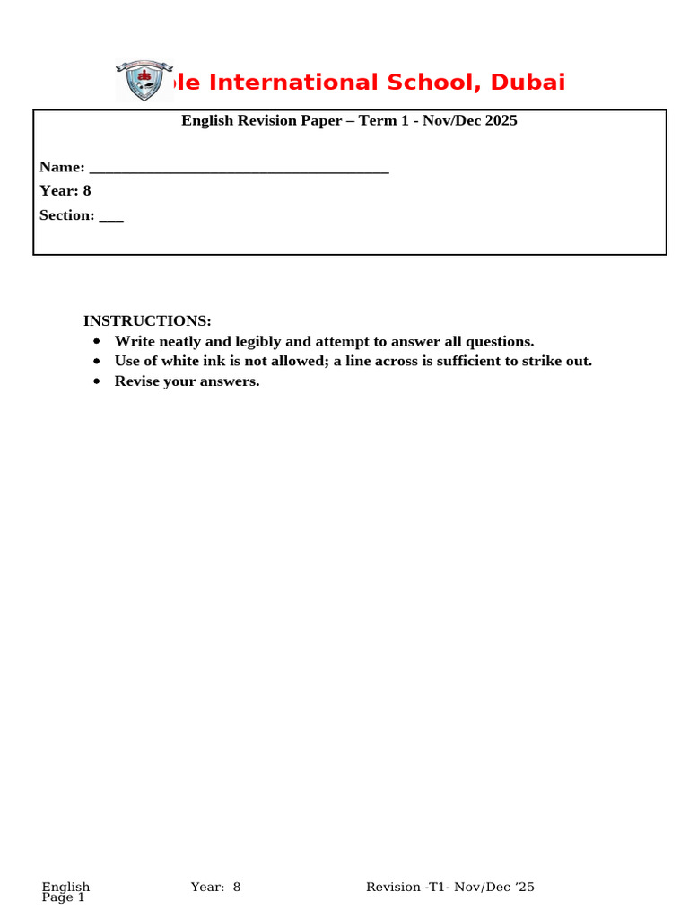 Yr 8 Eng - Term 1 Revision Paper 2025 | PDF