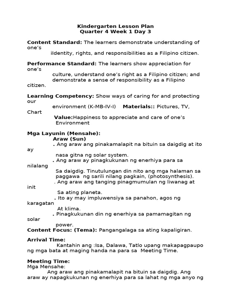 Kindergarten Lesson Plan Q4 W1 D3 | PDF