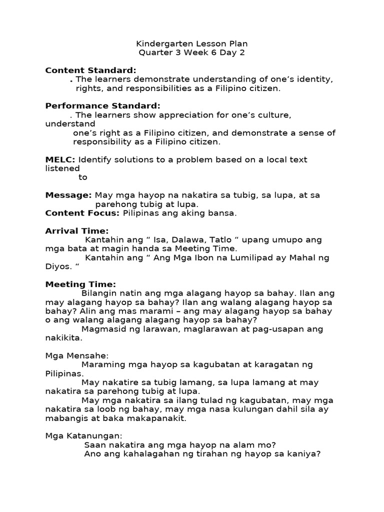 Kindergarten Lesson Plan Q3 W6 D2 | PDF