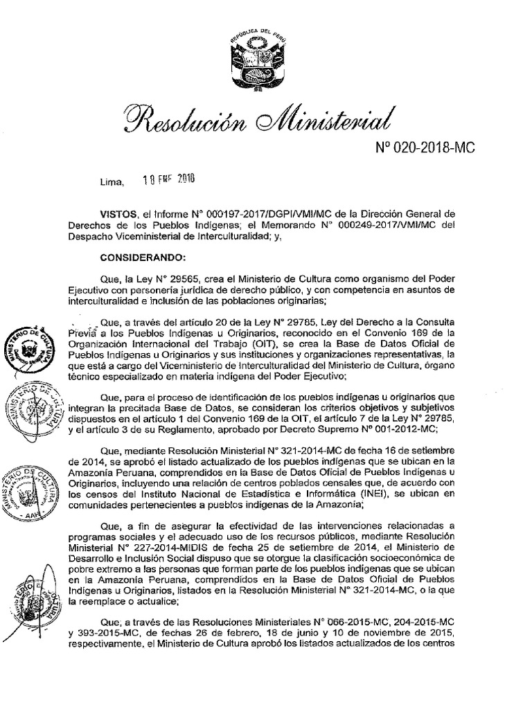 RM 020 2018 MC Pueblos Indigenas de La Amazonia 1 | PDF