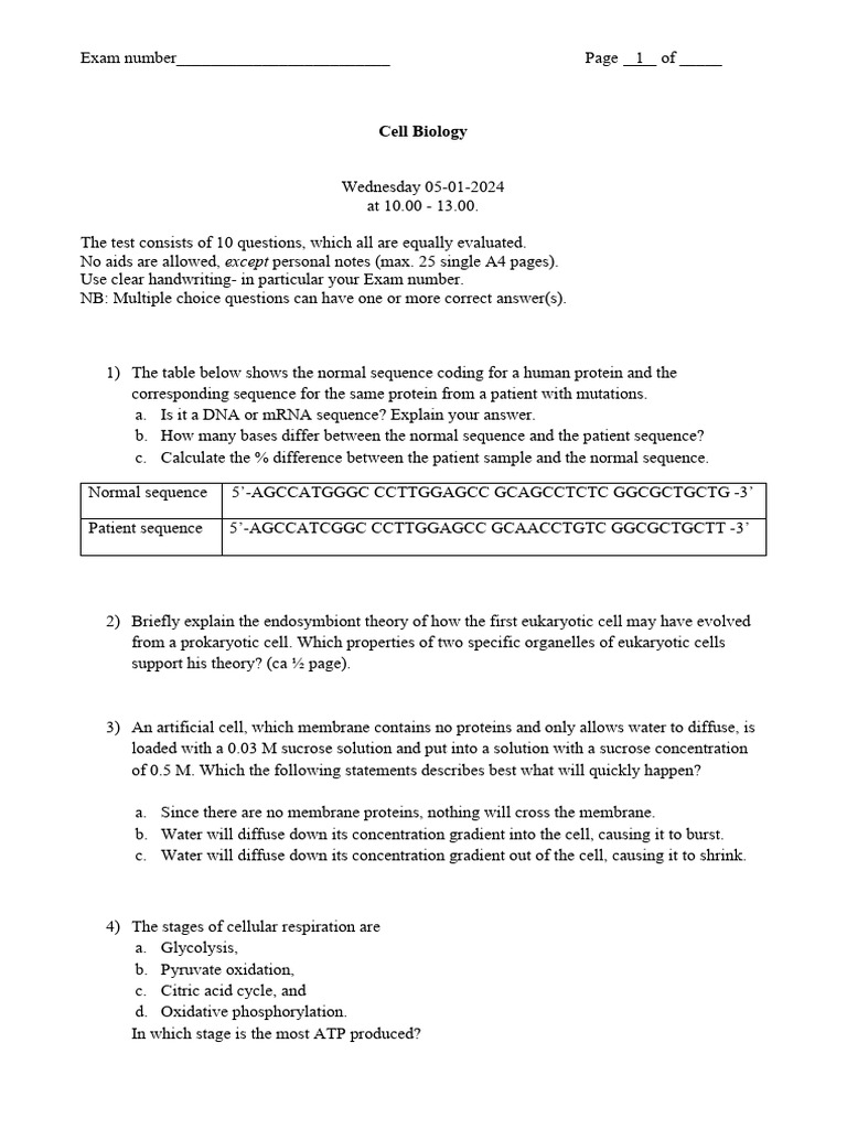 Cell Biology Exam 20240105 02 | PDF | Nucleic Acid Sequence | Messenger Rna