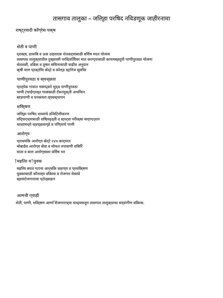 Tasgaon ZP NCP Jahirnama Devanagari | PDF