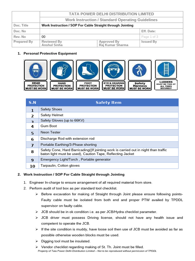 Standard Operating Procedure For Cable Straight Through Jointing | PDF