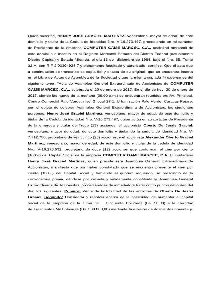 Acta Venta de Acciones | PDF | Compartir (Finanzas) | Documento de ...