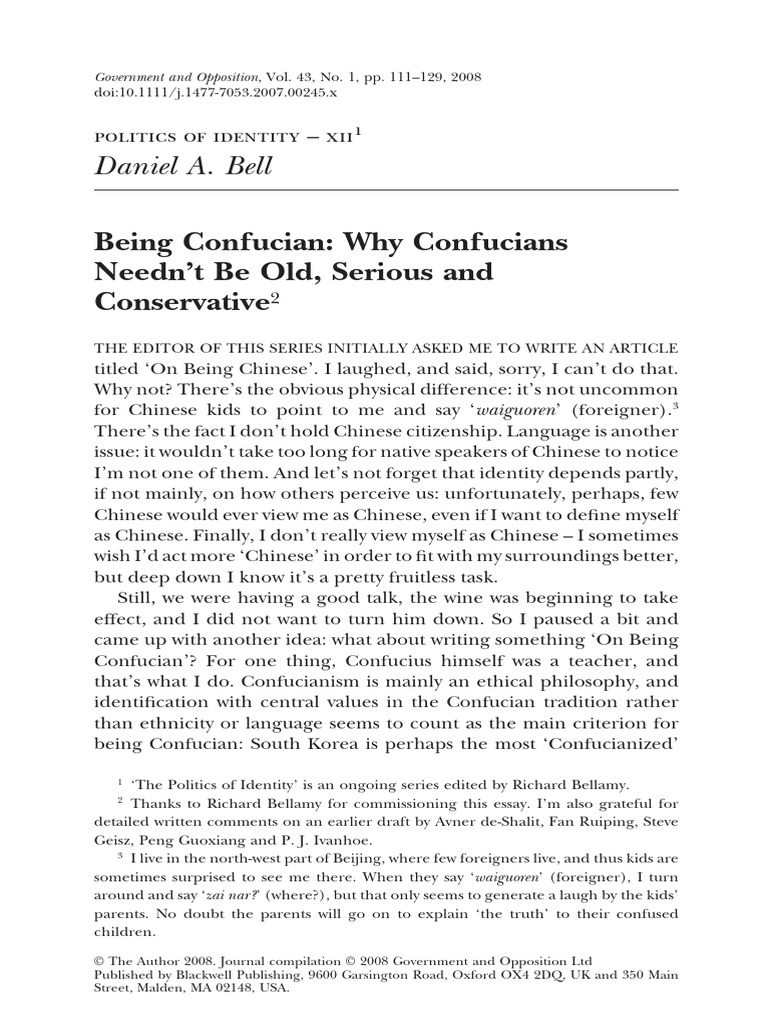 Bell, Daniel A. (2008) Being Confucian Why Confucians Needn't Be Old ...