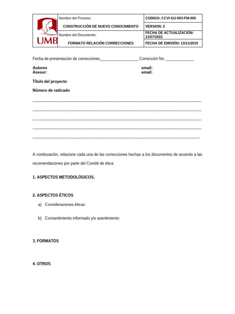 CCVI GU 003 FM 005 Formato Relacion de Correcciones | PDF