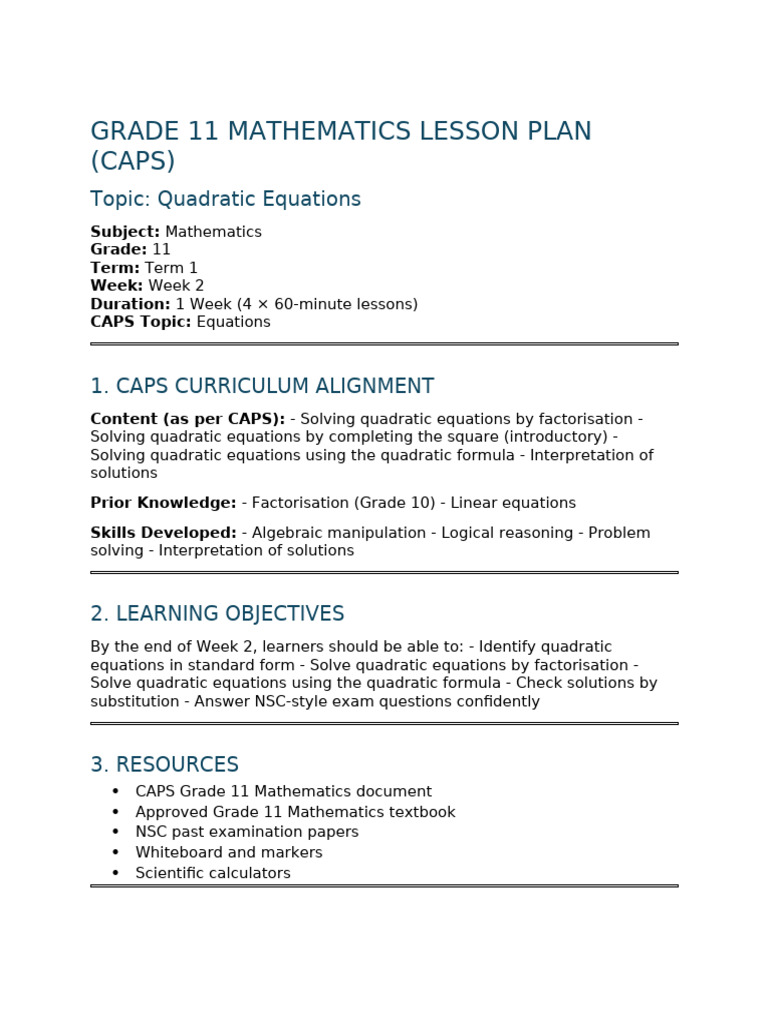 Grade 11 Lesson Plan Term 1 Week 2 - Quadratic Equations | PDF ...