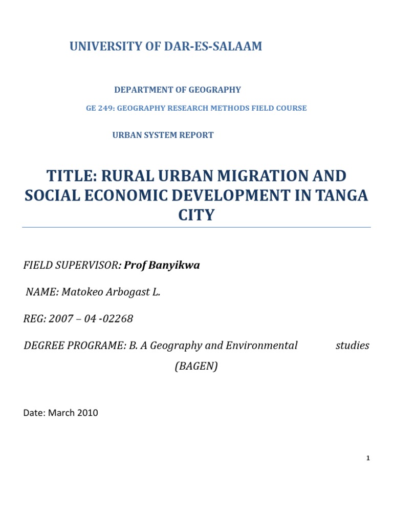 Rural Urban Migration and Social Economic Development in Tanga City ...