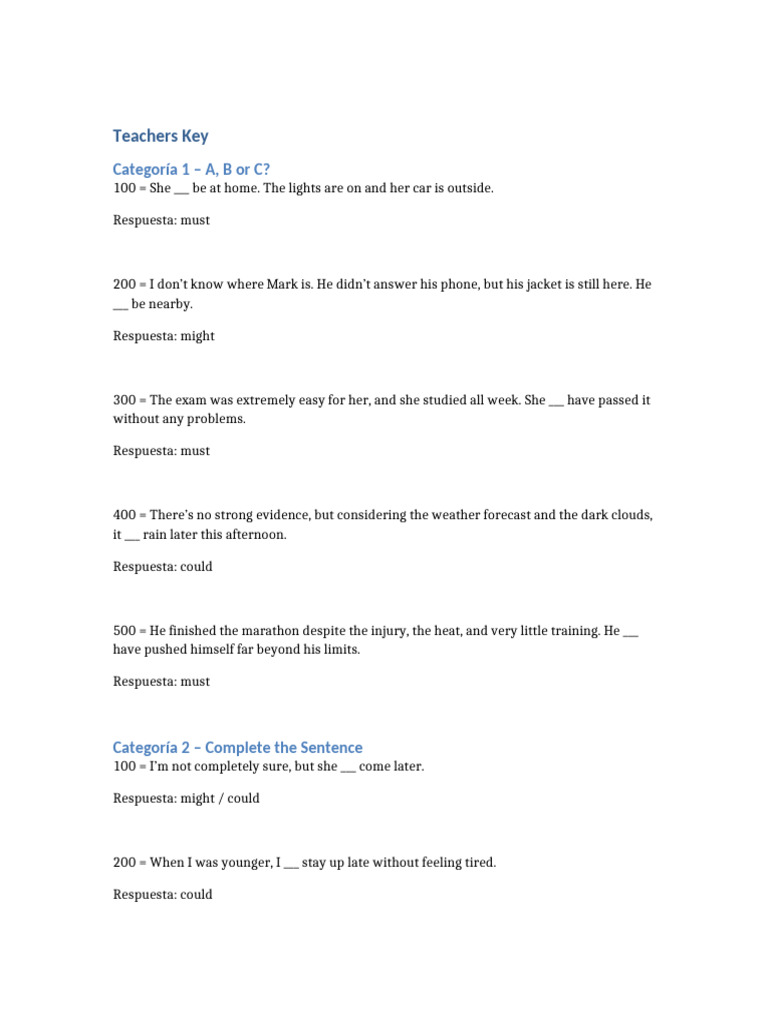 Jeopardy Modals Teachers Key | PDF