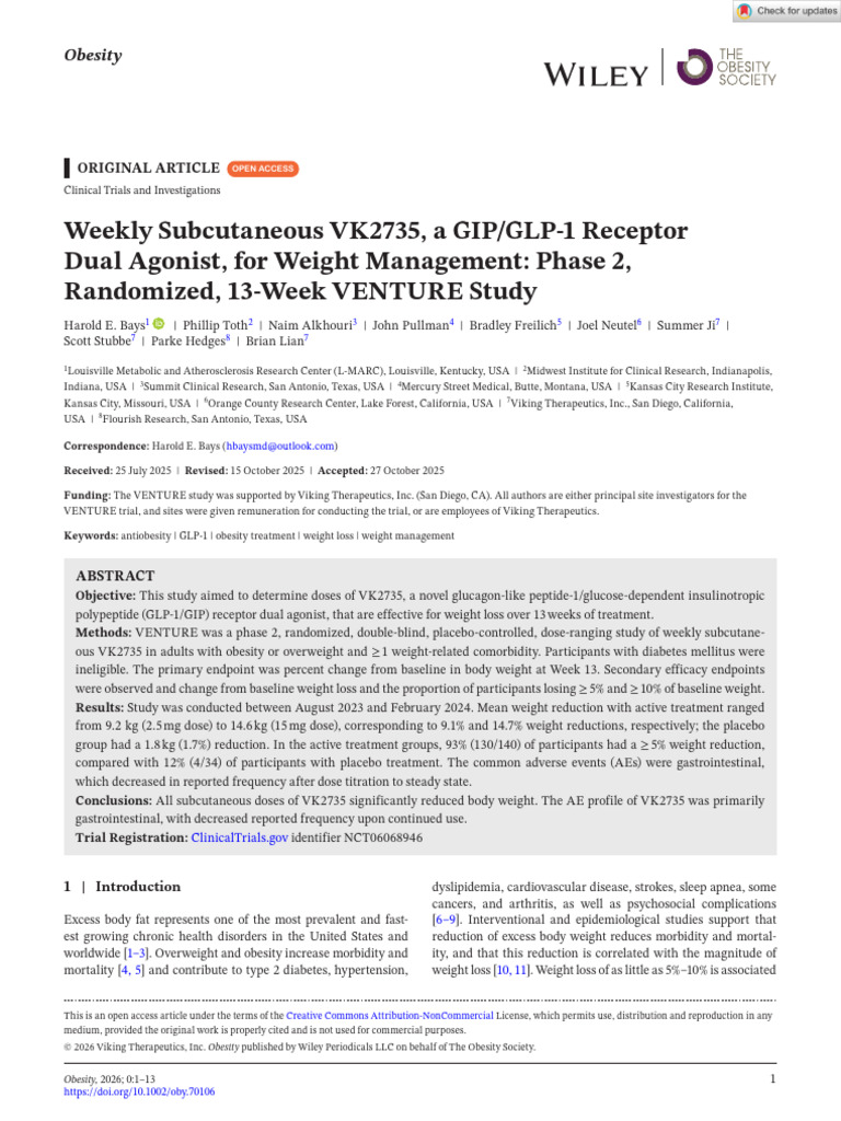 Obesity - 2026 - Bays - Weekly Subcutaneous VK2735 A GIP GLP 1 Receptor ...