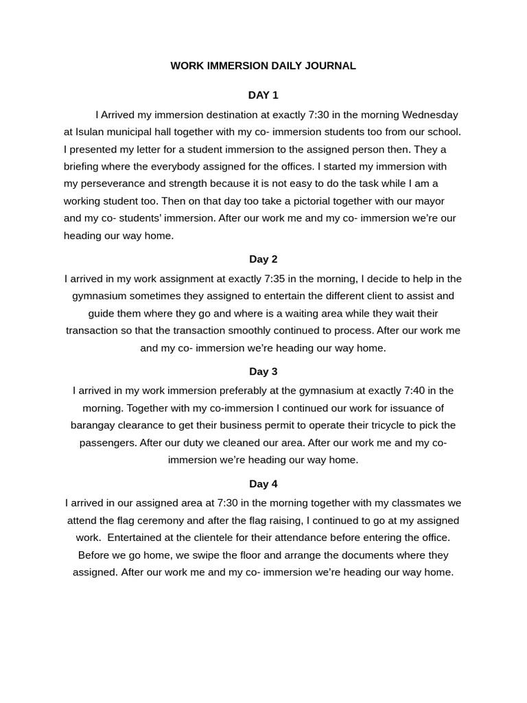 Work Immersion Daily Journal | PDF