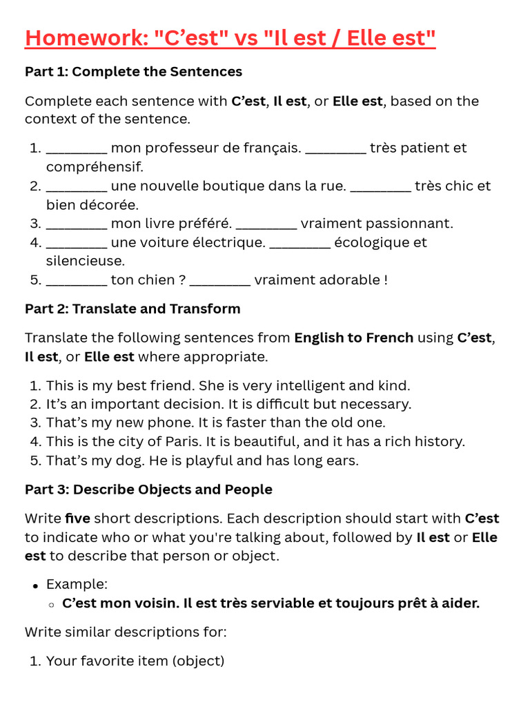 Homework C'Est Vs Il Est Elle Est | PDF
