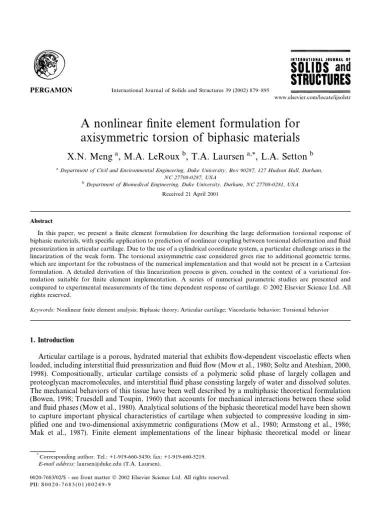 Non-Linear FEM For Axisymmetric Torsion of Biphasic Materials | PDF | Tensor | Stress (Mechanics)