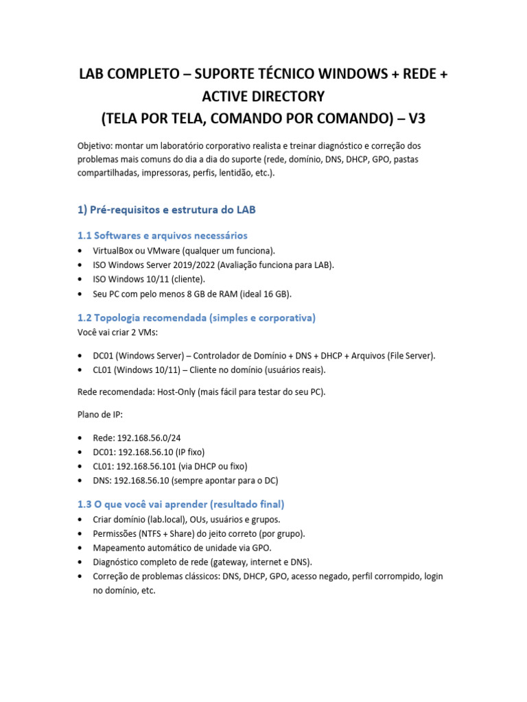 LAB Suporte Tecnico Windows AD Tela a Tela V3 | PDF | Diretório ativo | Sistema de Nomes de ...