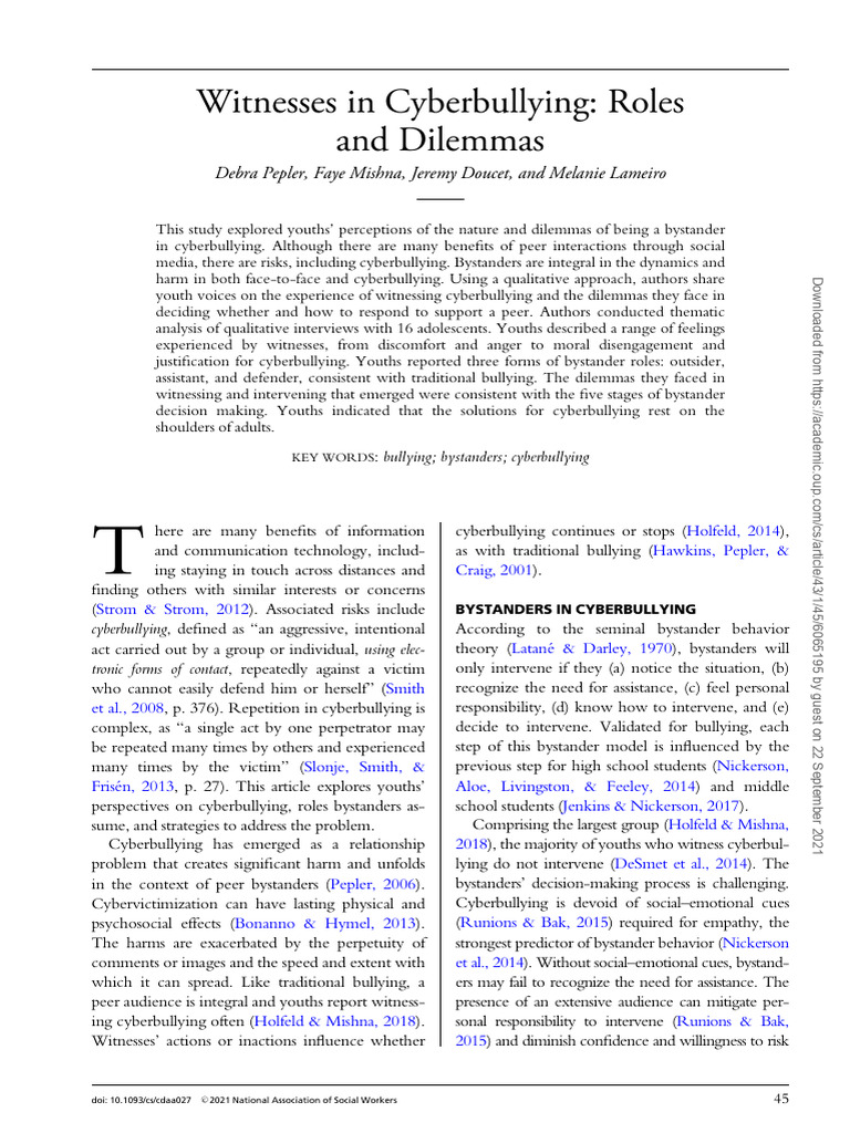 2021 Pepler Witnesses in Cyberbullying Roles and Dil | PDF ...