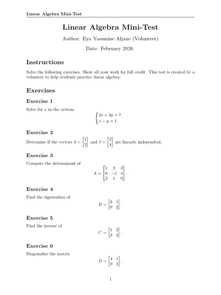 Linear Algebra Mini Test | PDF | Linear Algebra | Matrix (Mathematics)
