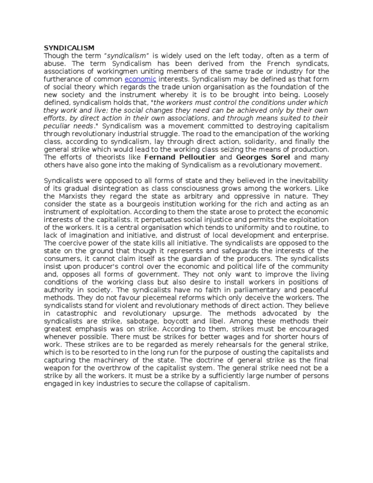 SYNDICALISM | PDF | General Strike | Syndicalism