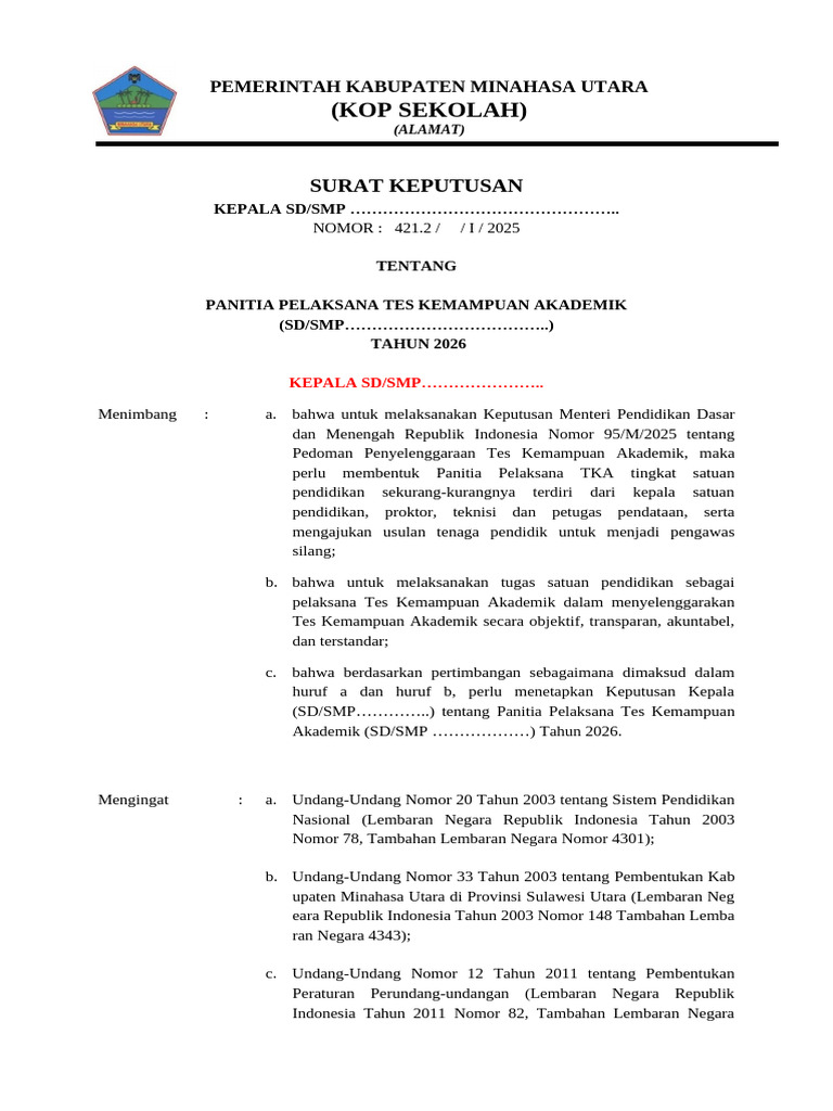 Contoh Format SK Panitia Pelaksana Tka Satdik 2026 | PDF