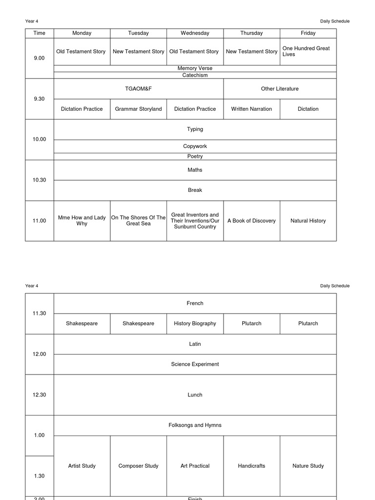 Year 4 Daily Schedule | PDF