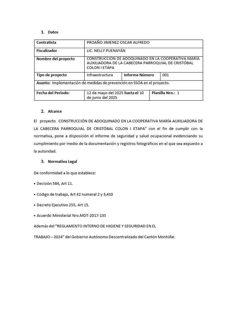 INFORME DE CUMPLIMIENTO Nro. 1 PJOA-signed | PDF | Seguridad y salud ...