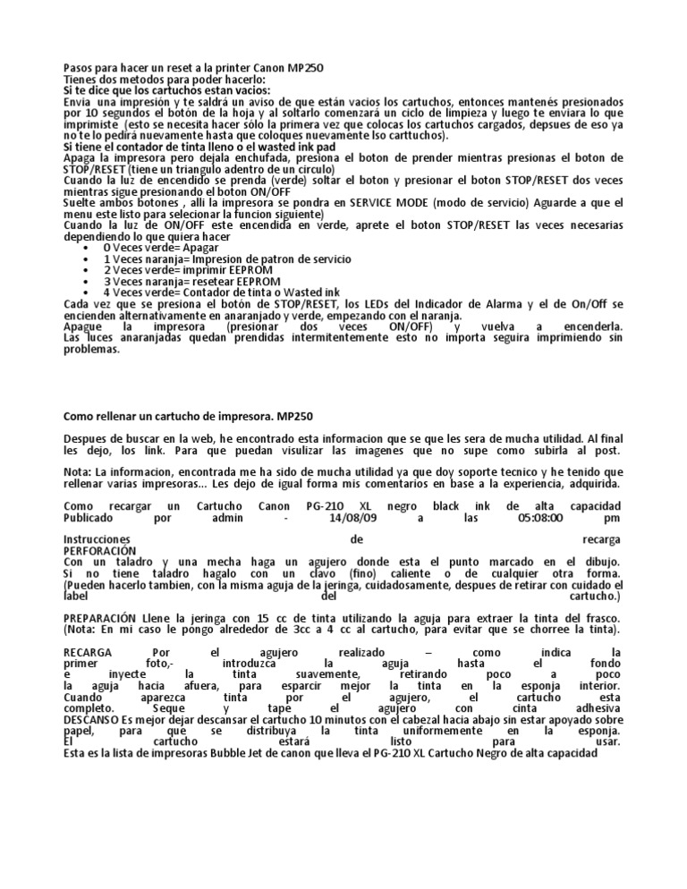 Pasos para Hacer Un Reset A La Printer Canon MP250 | PDF | Impresora (Computación) | Informática ...