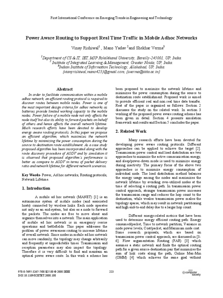 Power Aware Routing To Support Real Time Traffic in Mobile Adhoc ...