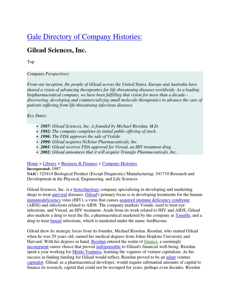 Gale Directory of Company Histories: Gilead Sciences, Inc 1987-2002 ...