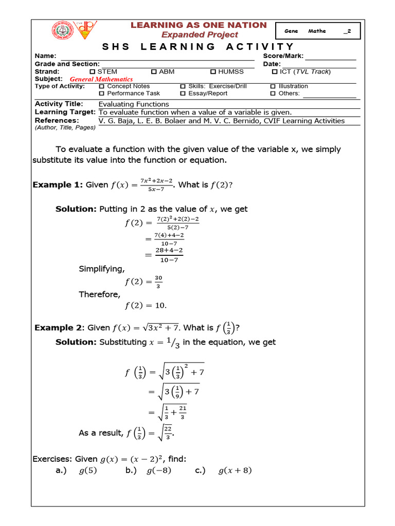Gen Math LAS 2 Evaluating Functions | PDF