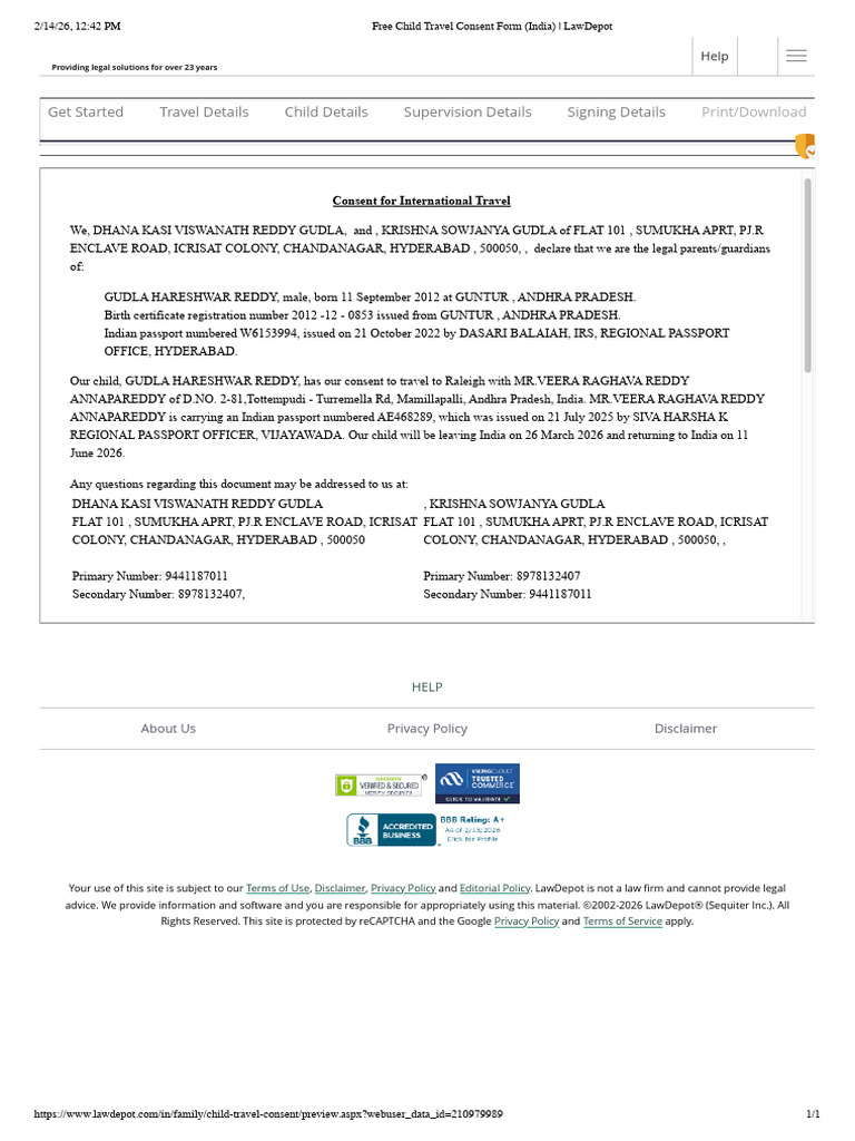 Free Child Travel Consent Form (India) - LawDepot | PDF