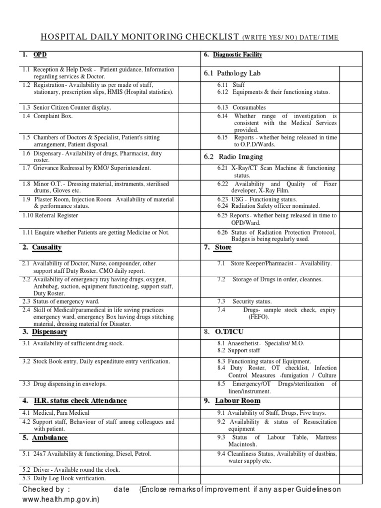 Hospital Daily Monitoring- Checklist
