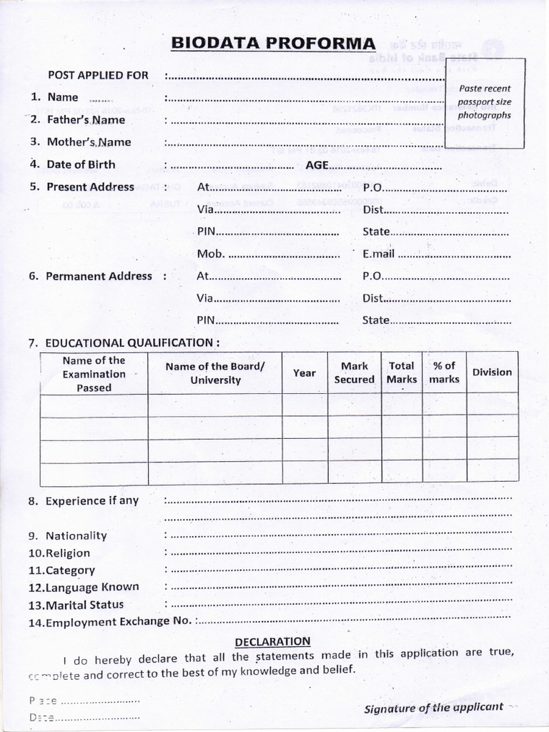 Bio Data Form | PDF