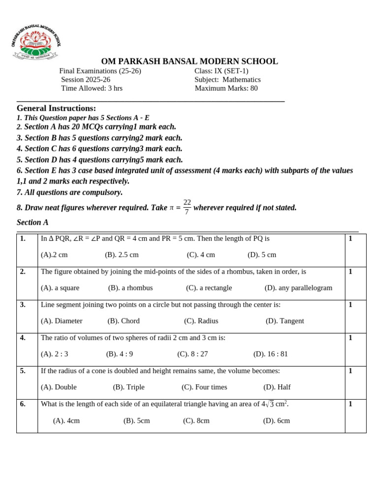 Class IX MATHS Annual Examinations 2025-26 Set 1 | PDF | Area | Circle
