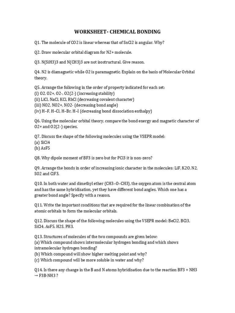 Chemical Bonding Worksheet | PDF | Chemical Bond | Molecules