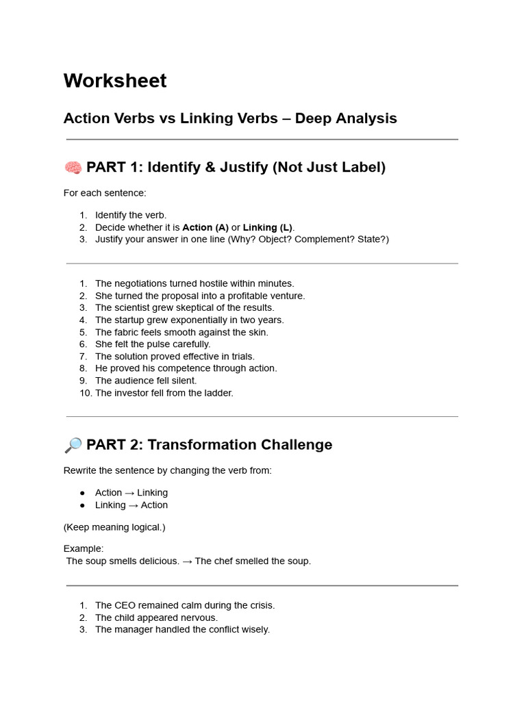 Action Vs Linking Verbs | PDF