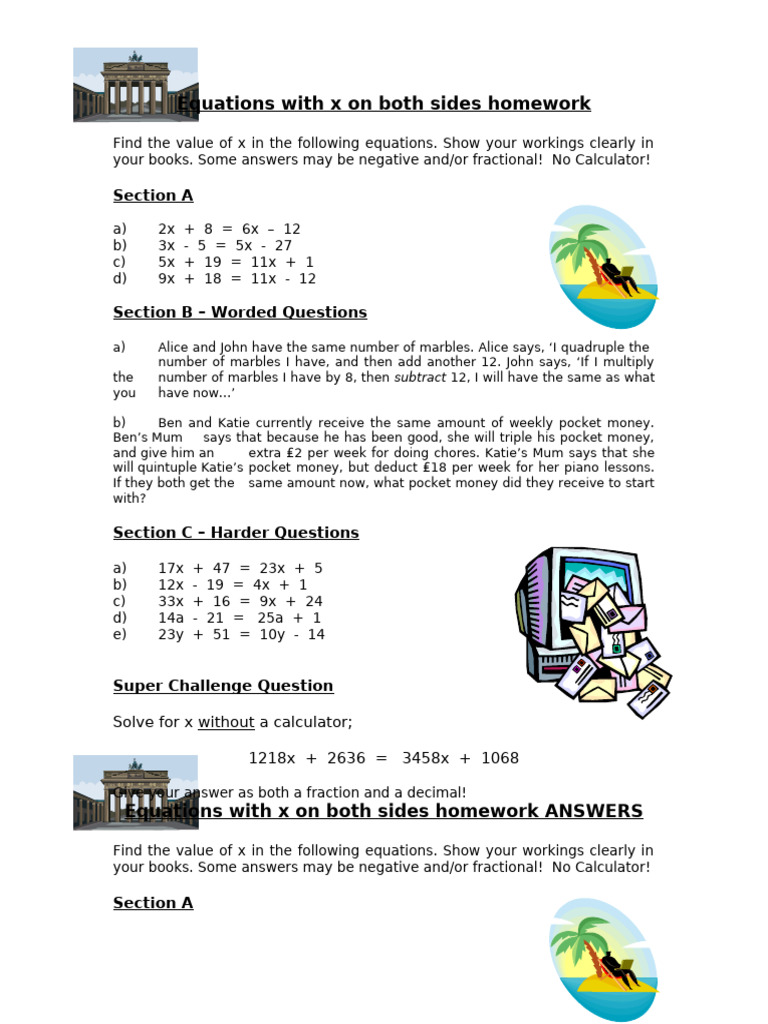 9) Equations With X On Both Sides Homework | PDF | Numbers | Discrete ...