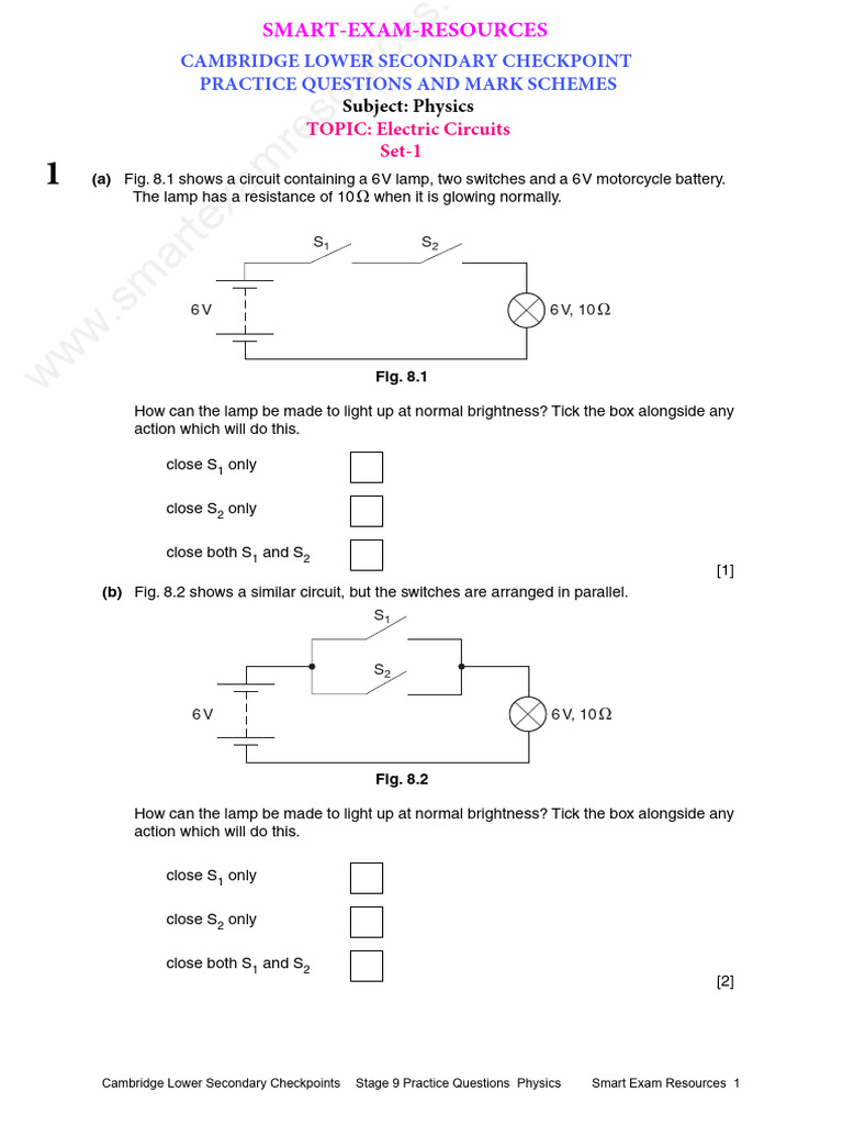 Cambridge Checkpoint 9 Topic 3 Electric Circuits Practice Questions Set ...