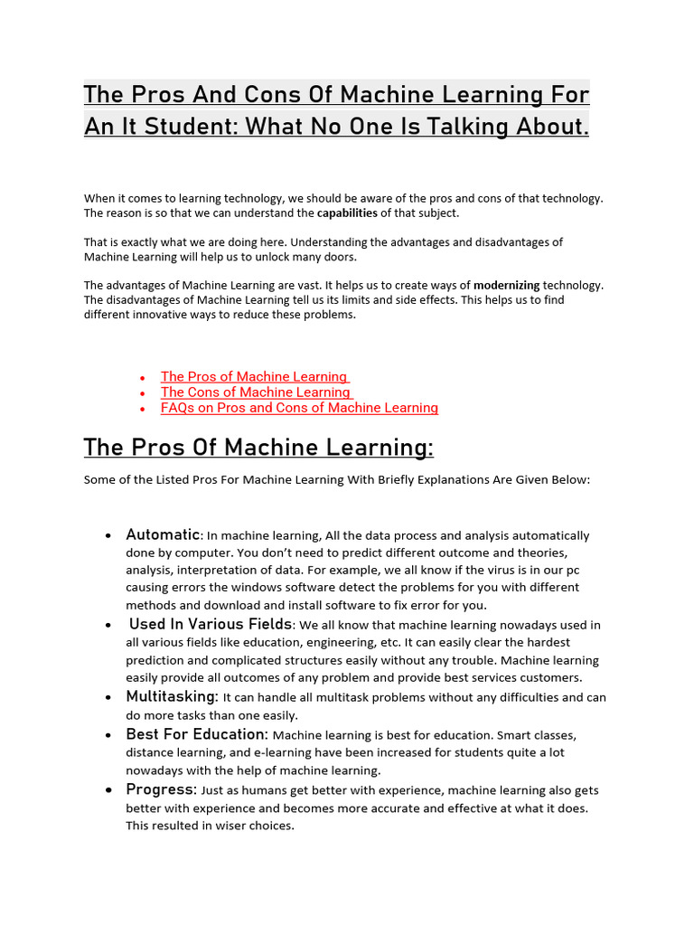 The Pros and Cons of Machine Learning For An It Student | PDF | Machine ...