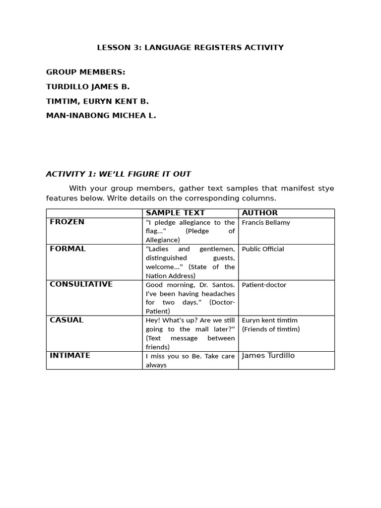 Lesson 3 Language Registers Activity | PDF