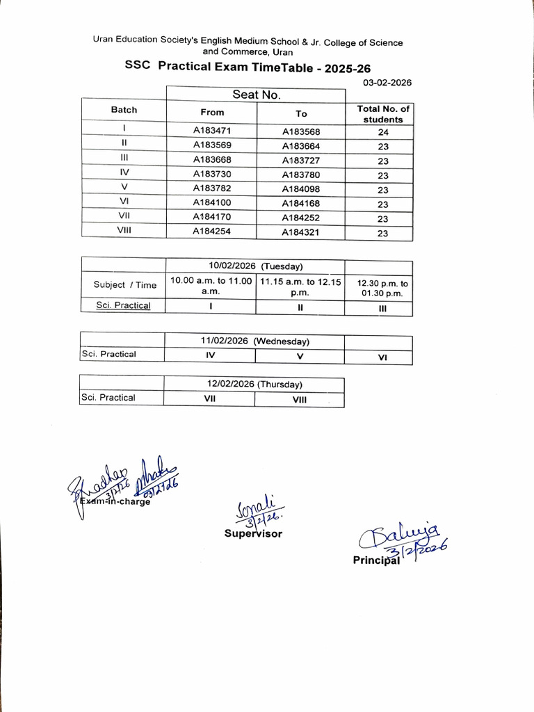 SSC Board Oral and Practical Exam Time Table (2025-26) | PDF