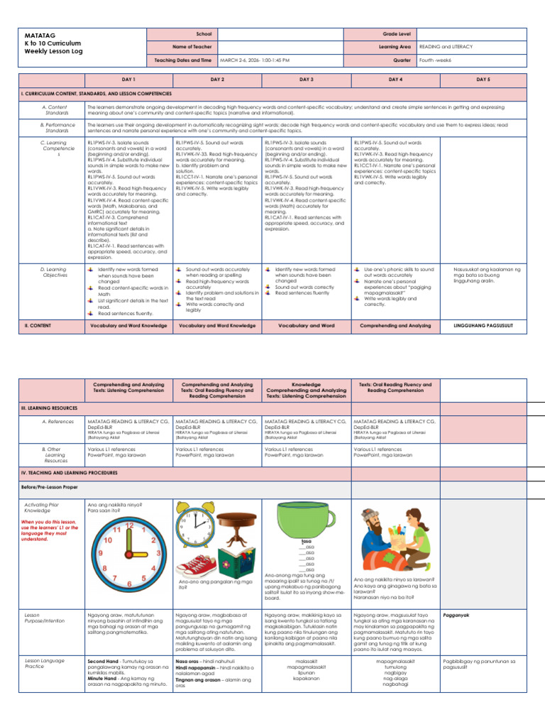 W6 Q4 READING and LITERACY1 MATATAG DLL | PDF
