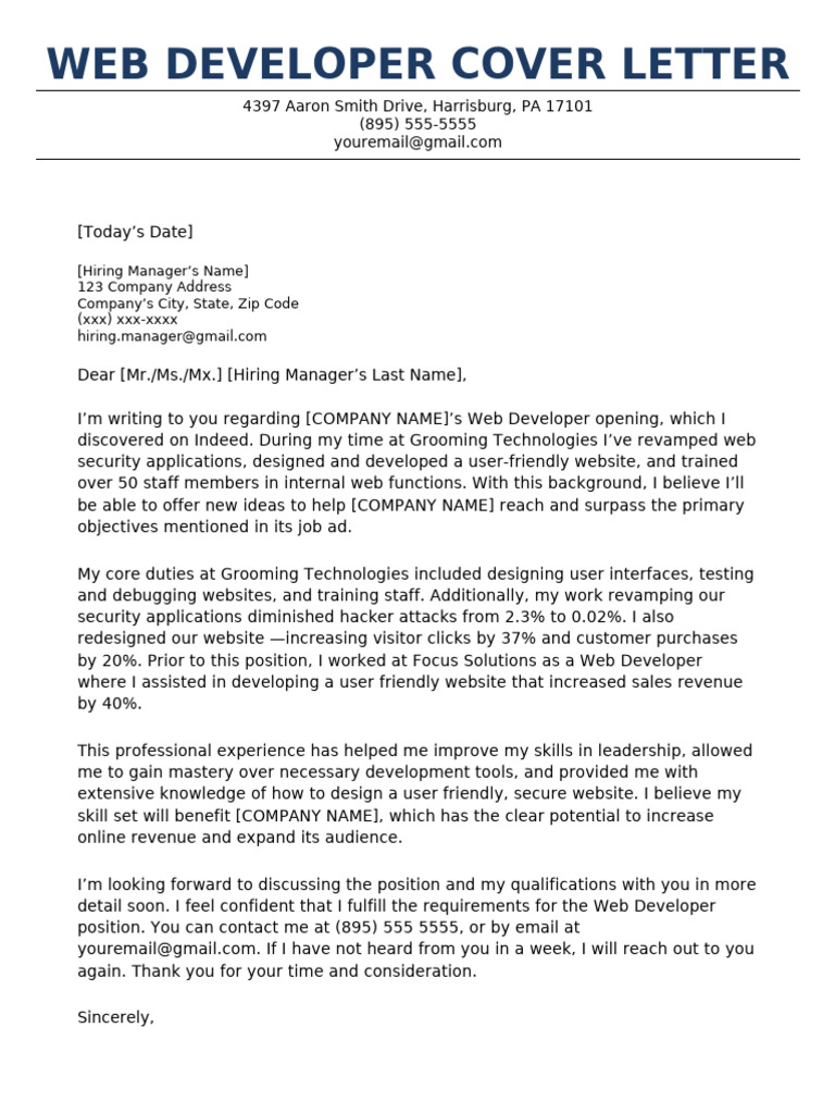 Web Developer Cover Letter Example | PDF | Résumé | Computing