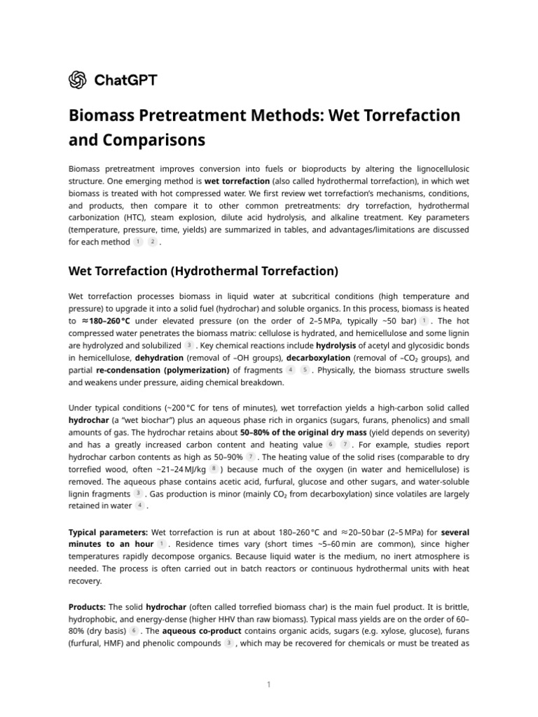 Biomass Pretreatment Methods - Wet Torrefaction and Comparisons | PDF ...
