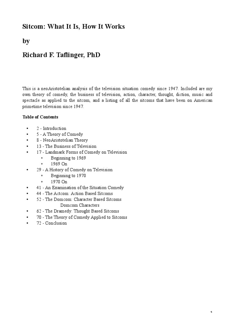 Taflinger Sitcom | PDF | Television Programs | Plot (Narrative)